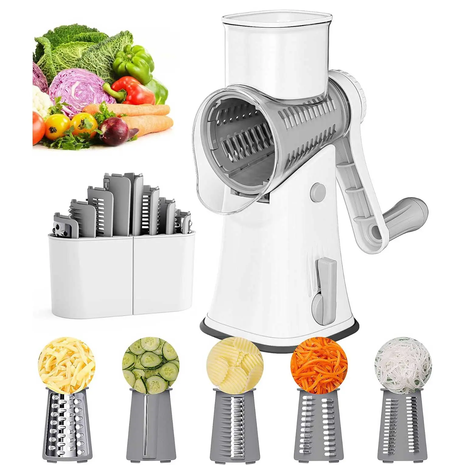 Cambom Rotary Vegetable Slicer Cheese Grater, 5 Replaceable Blades ...