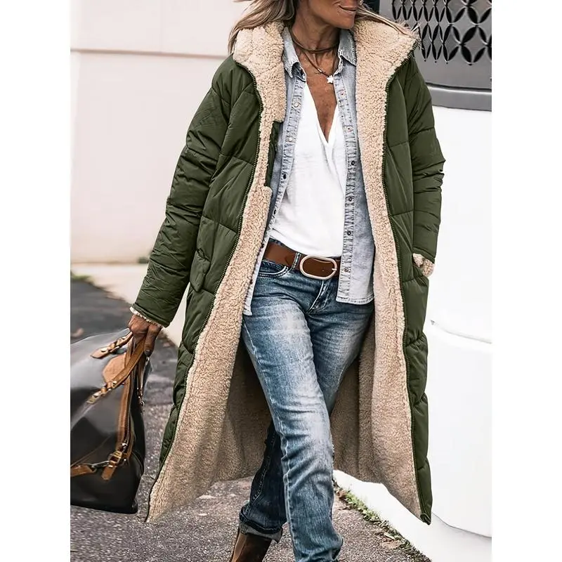 Knee-Length Polyester Long Padded Jacket Coat - Elegant Solid Color ...