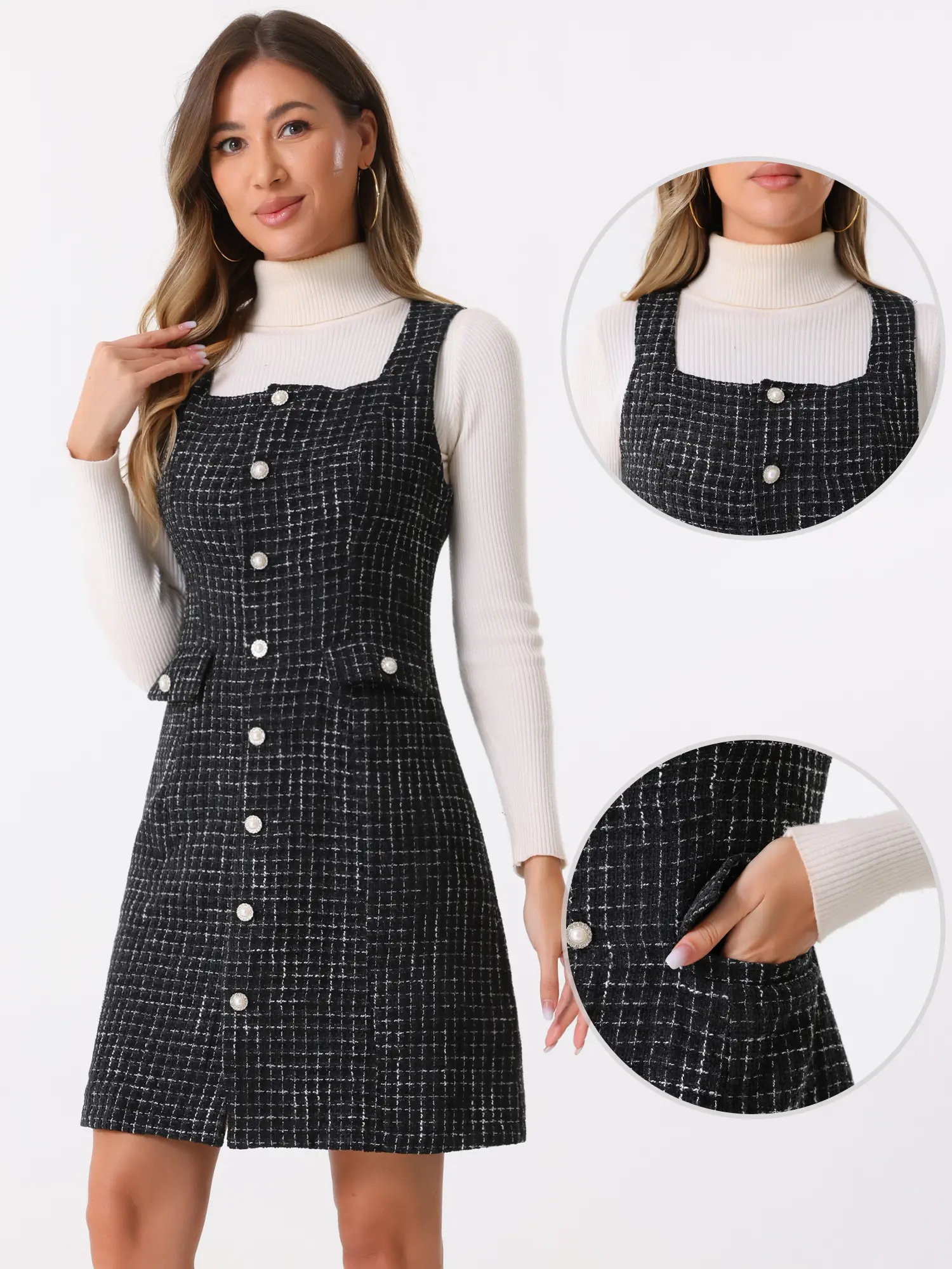 INSPIRE CHIC Tweed Sleeveless Square Neck Button Up A-Line Pinafore ...