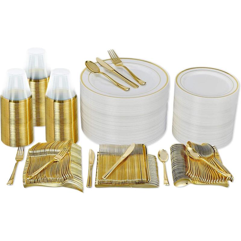 600 Pc Disposable Dinnerware Set for 100 Guests - Gold - Reusable Party ...