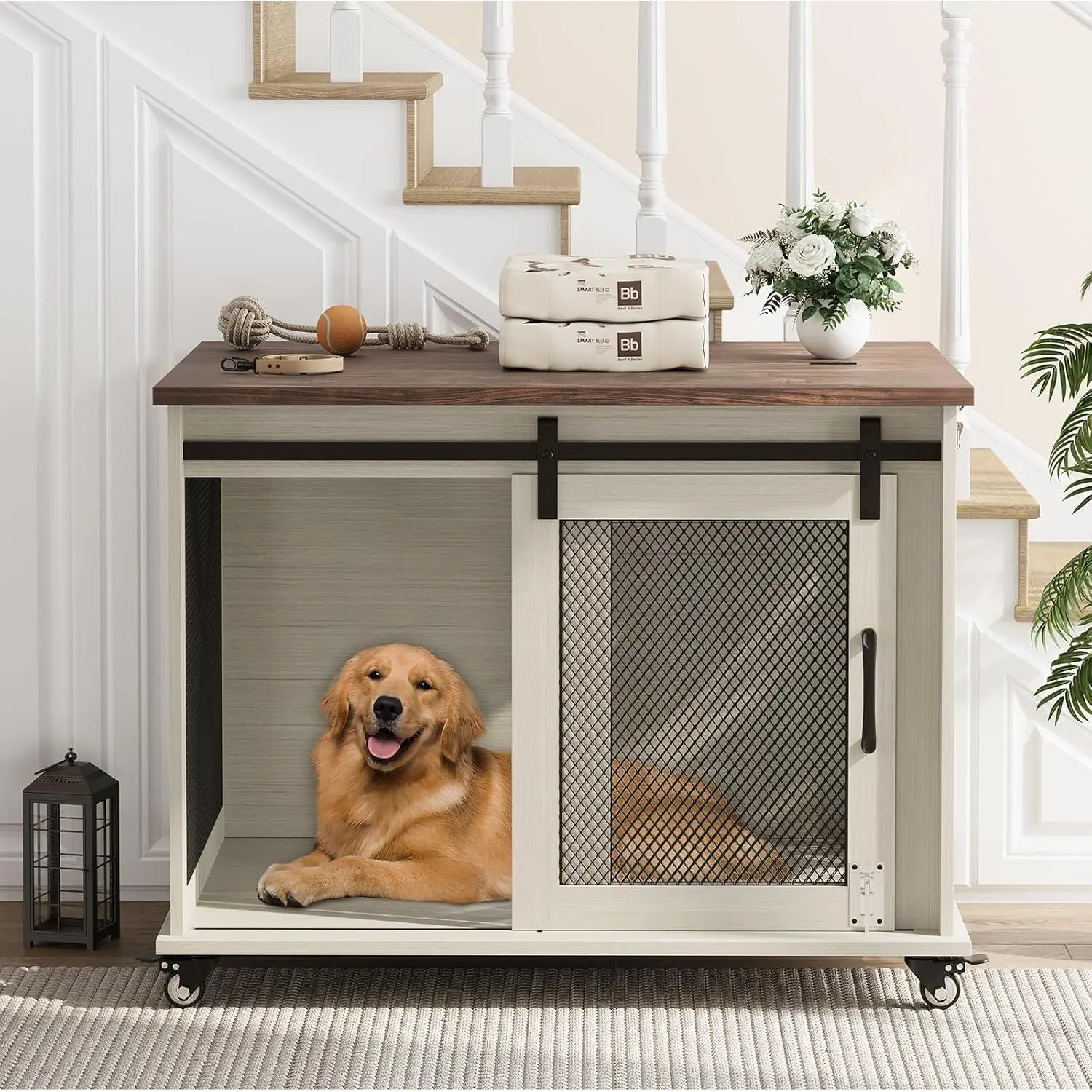 37 Inch Farmhouse Dog Crate Furniture, Wooden Dog Kennel End Table with ...