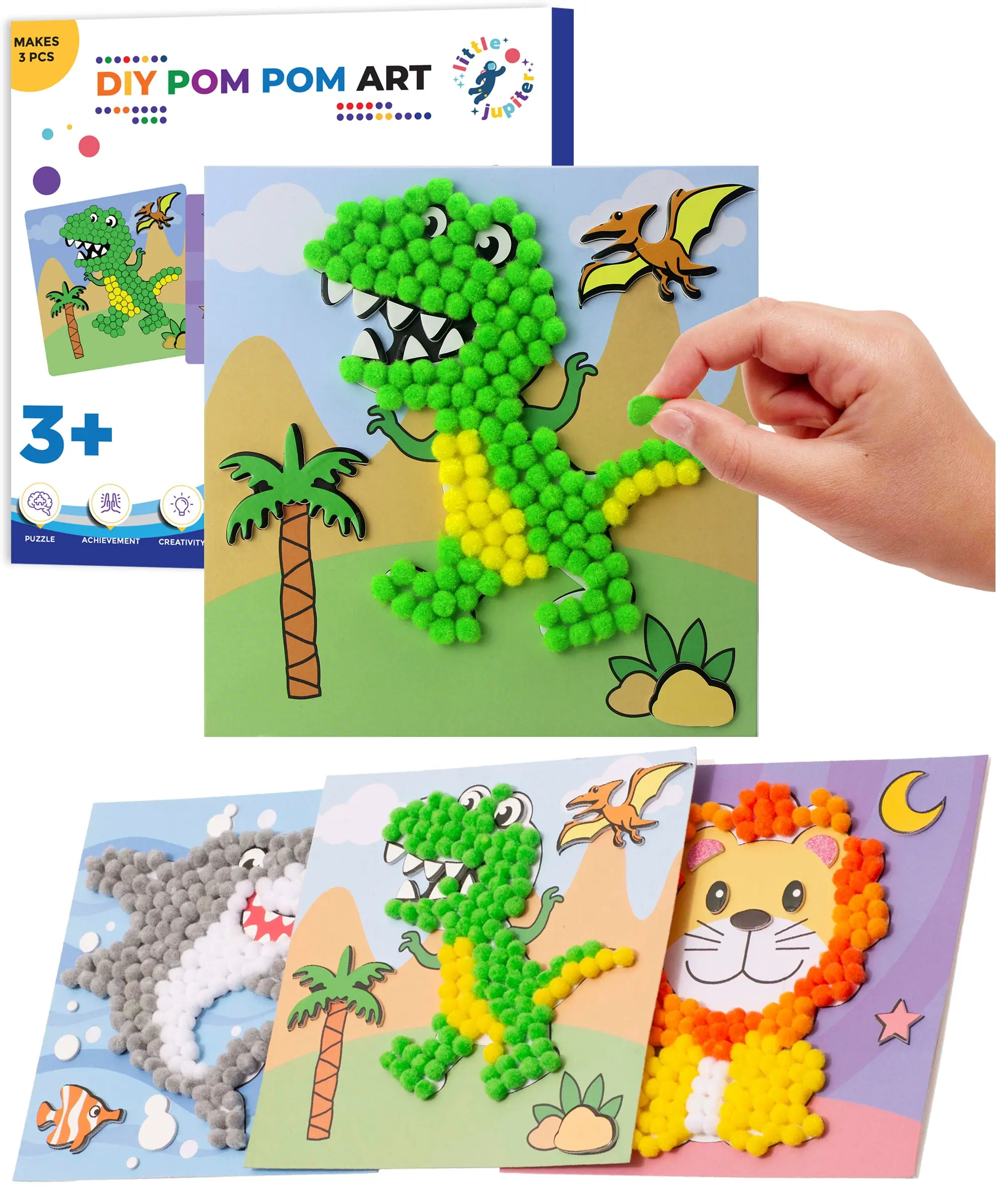 DIY Pom Pom Art - 3pcs (Dinosaur, Lion, Shark) - TikTok Shop