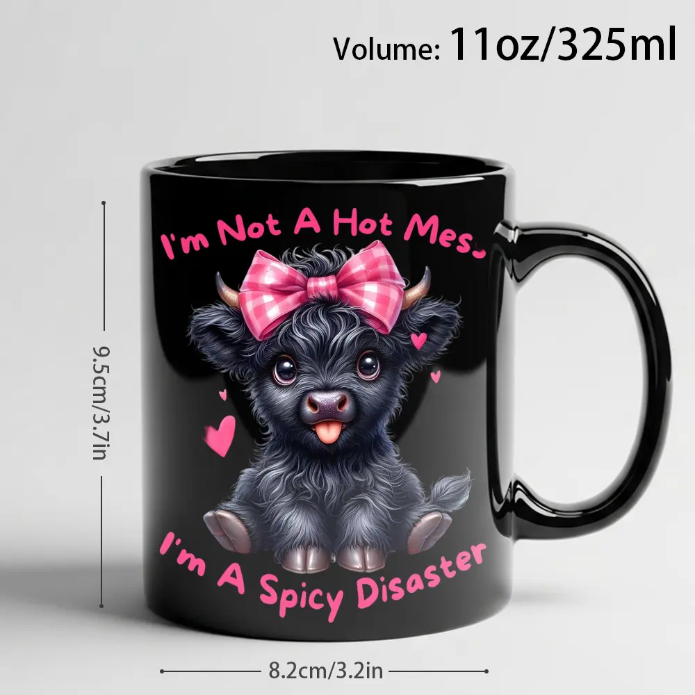 1pc, 11oz Mother's Day Gift Coffee Mug, Black Cow with Pink Bowknot ...