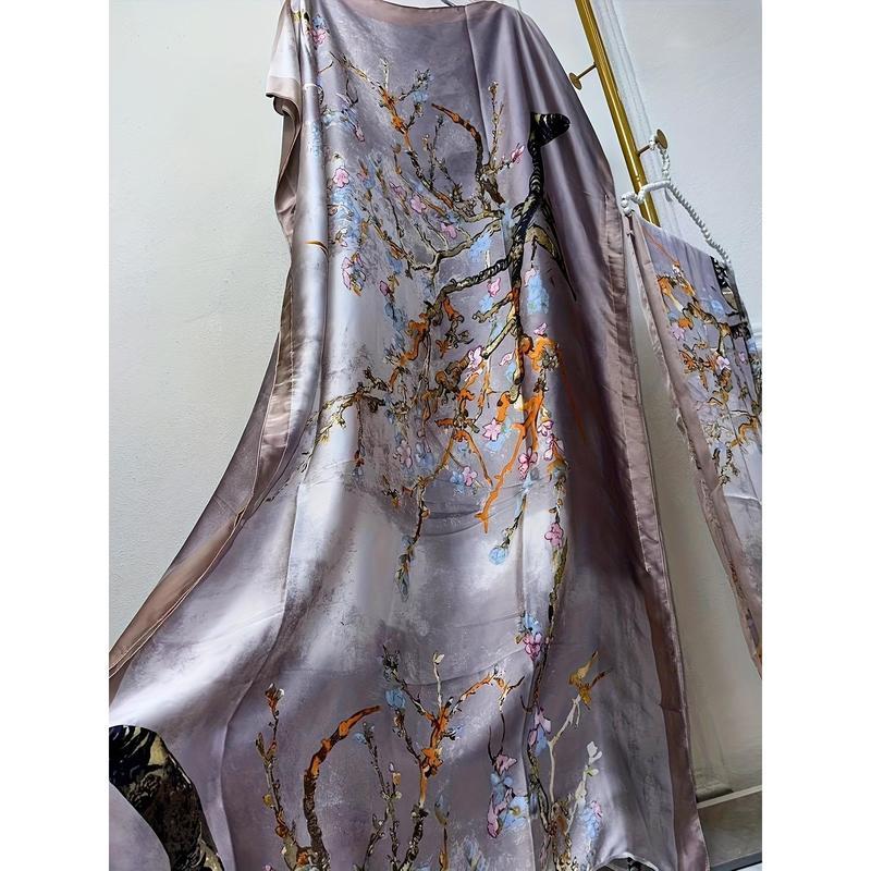 Tree Print Crew Neck Kaftan Dress, Elegant Batwing Sleeve Loose Fit ...