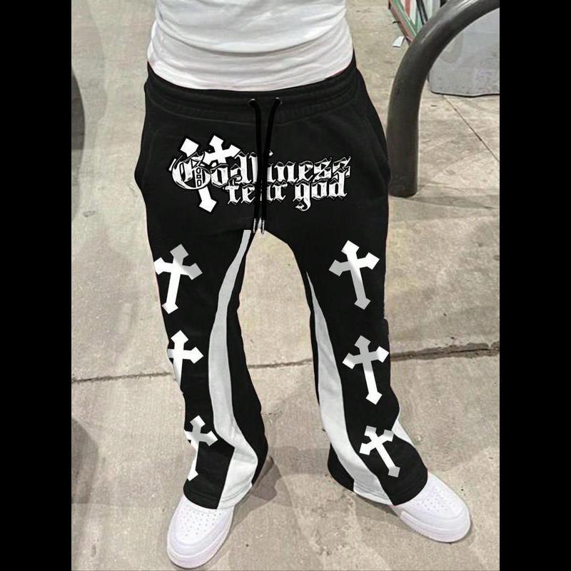 Men's Cross & Letter Print Drawstring Waist Flare Leg Sweatpants ...
