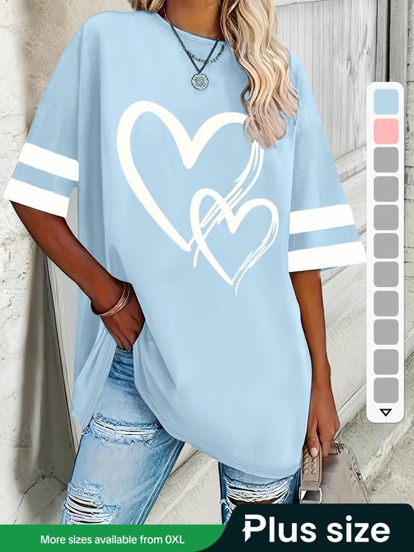 【Plus Size】Heart Print Round Neck Tee, Casual Short Sleeve Crew Neck T-shirt for Summer, Women's ...