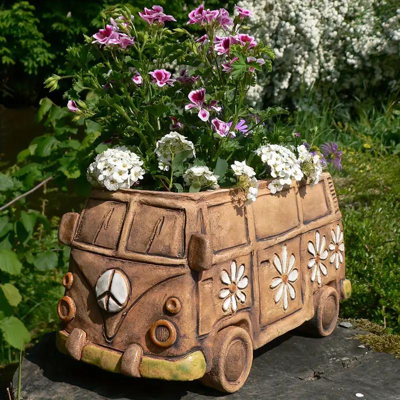 Vintage Hippie Van Design Resin Planter, Creative Flower Pot for Indoor ...