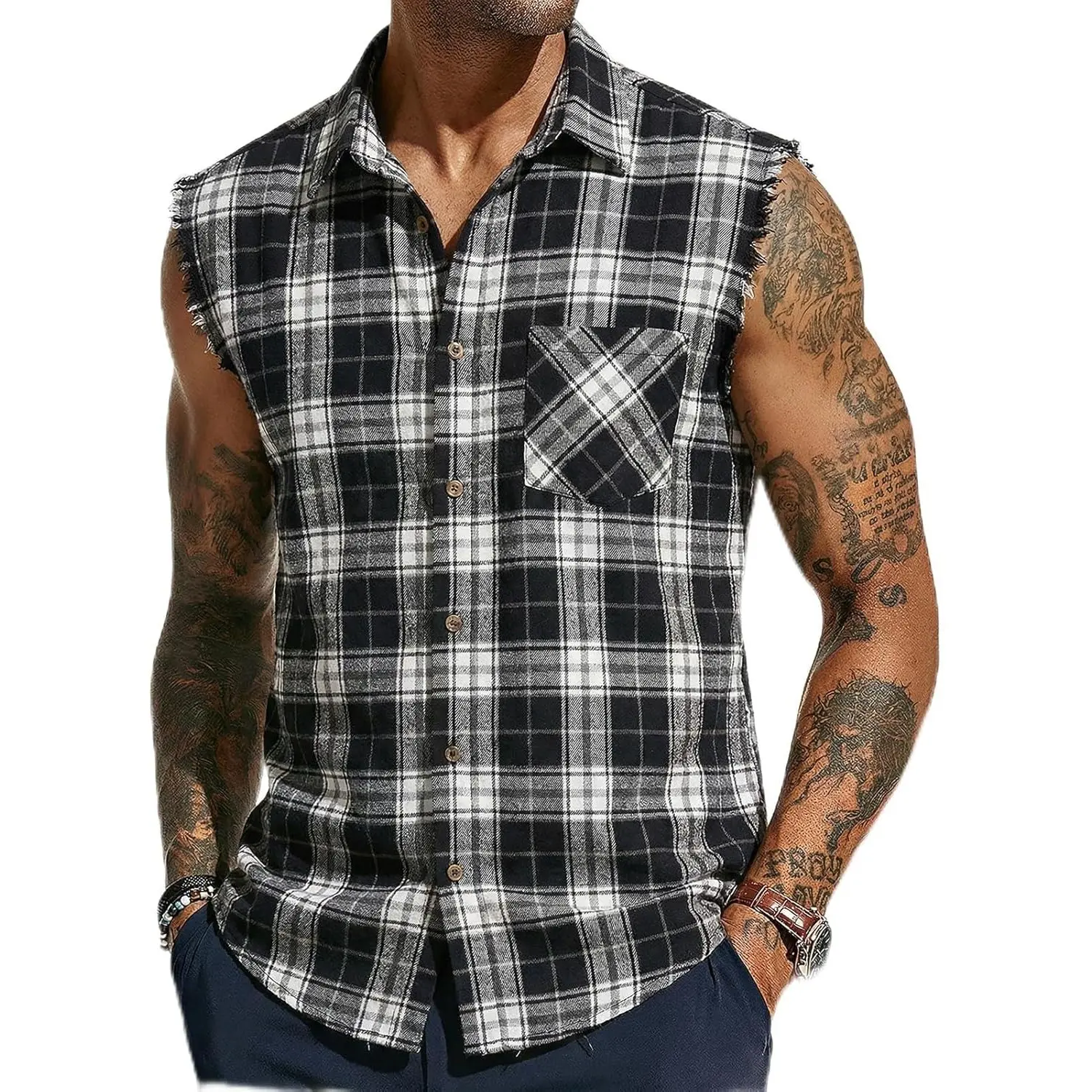 Runcati Men's Sleeveless Plaid Shirts Button Down Casual Flannel Cowboy ...