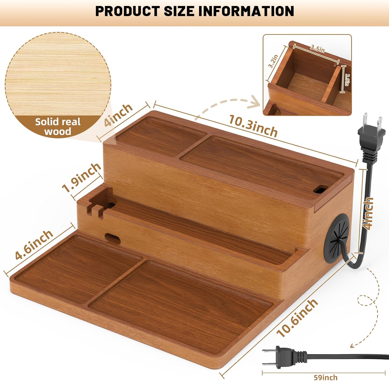 Assembly-Free 3-Layer Wood Nightstand Organizer with Charging Station ...