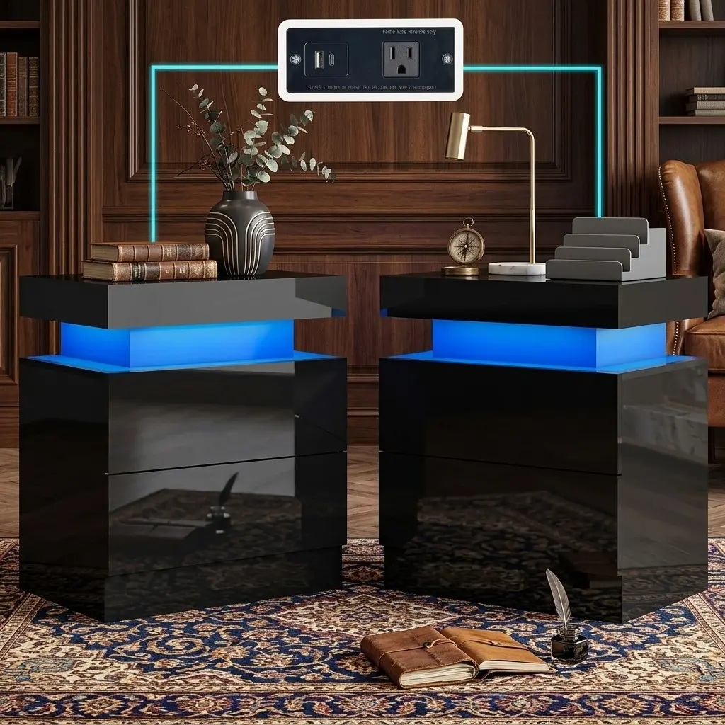 High Gloss LED Nightstands Set of 2 with USB Type-C Charging Station ...