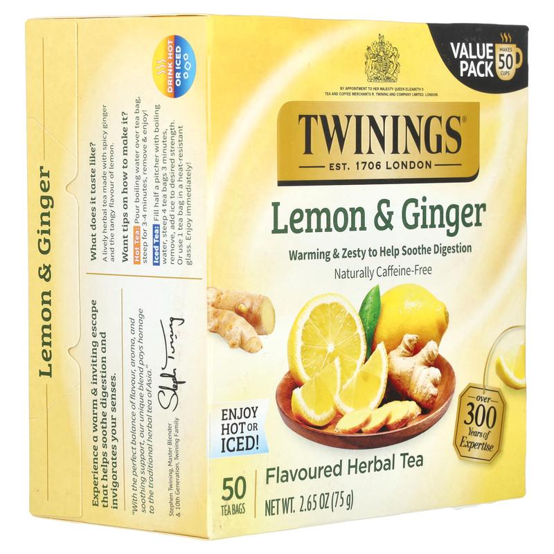 Twinings Flavored Herbal Tea, Lemon & Ginger, Caffeine Free, 50 Tea ...