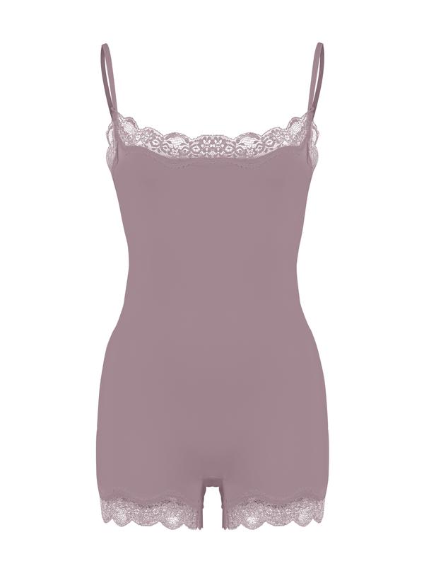 Women's Basic Solid Color Spaghetti Strap Lace Trim Seamless Bodysuit ...