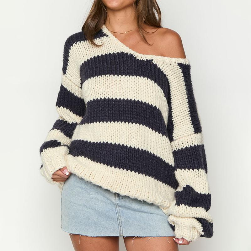 Women's Fall Striped Sweater Drop Shoulder Long Sleeve V-Neck Loose ...