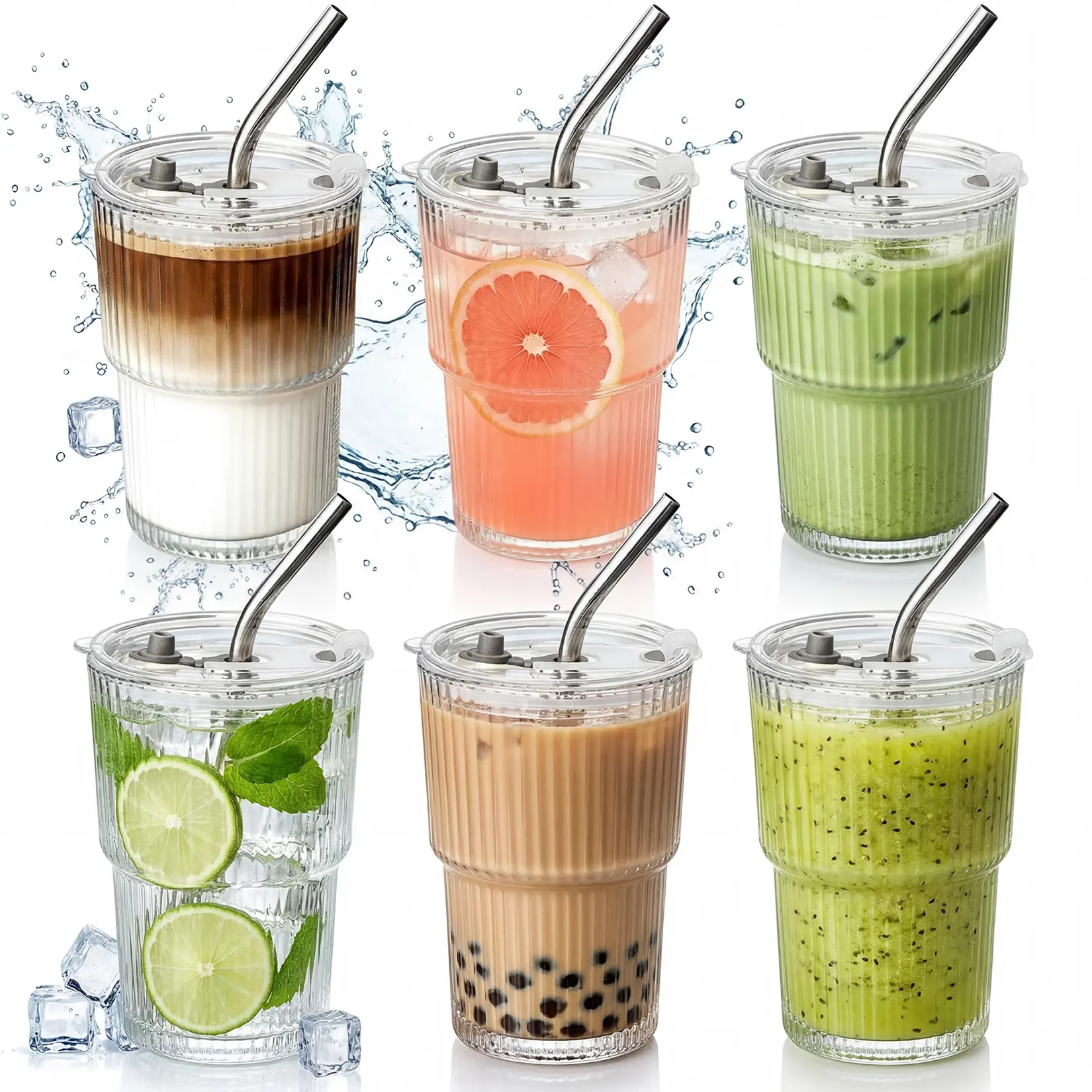 13oz Reusable Clear Ribbed Glass Tumbler with Lid & Straw, Aesthetic ...