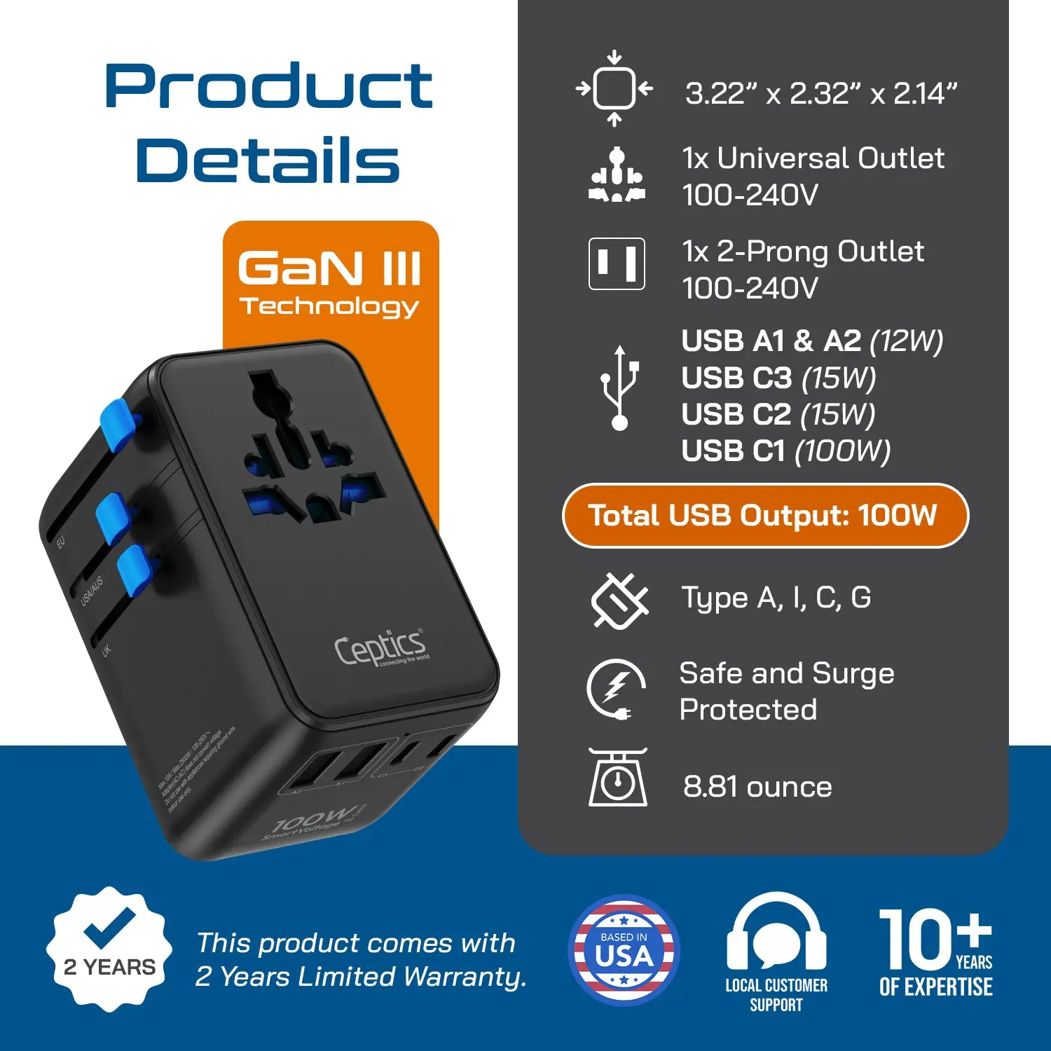 100W Universal Travel Adapter - 2 USB-C, 2 USB-A + 1 GaN 3.0 ...