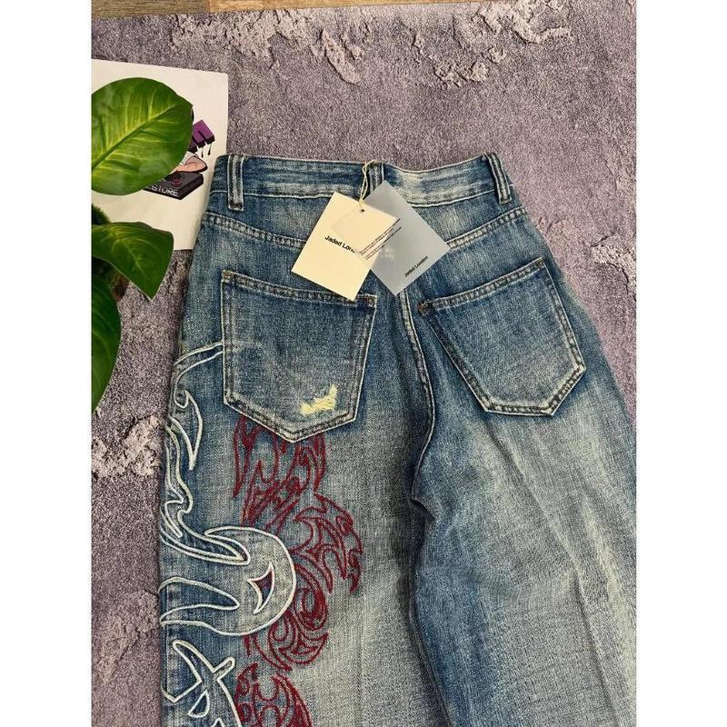Y2K American New Pattern Embroidery Baggy Jeans Men High Street Vintage ...