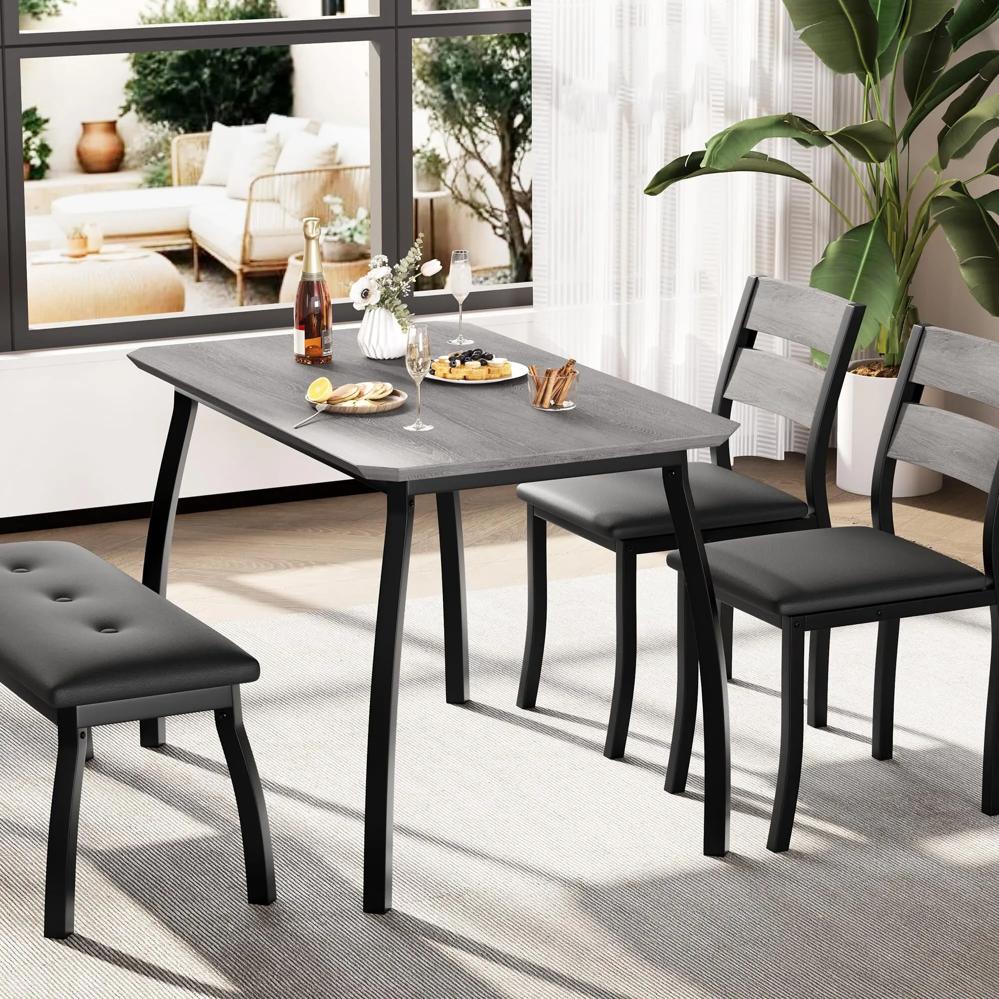 Gray 4-Pc Dining Set - Wood Space-Saving Table with Upholstered Bench ...