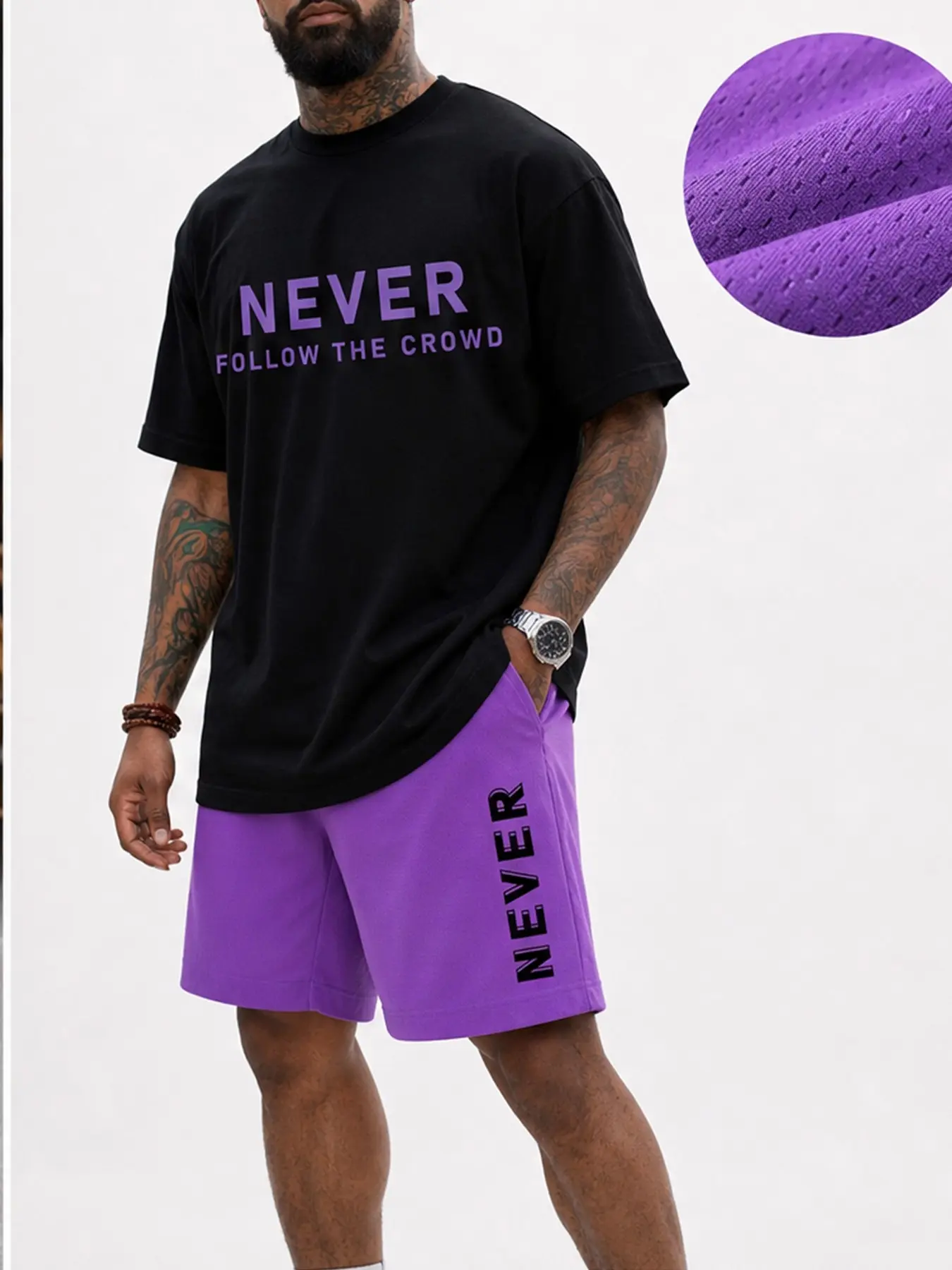 New Men's 2-Piece Set, Letter Print Contrast Round Neck Short Sleeve T ...