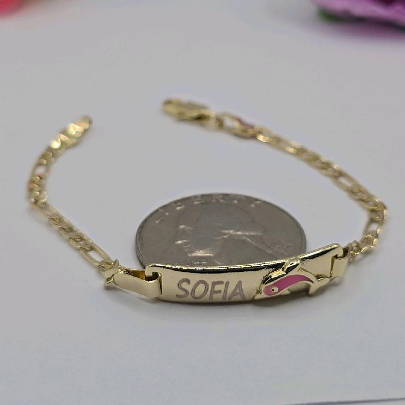ID BRACELET pink dolphin figaro Style 6"inches gold-plated ENGRAVING ...