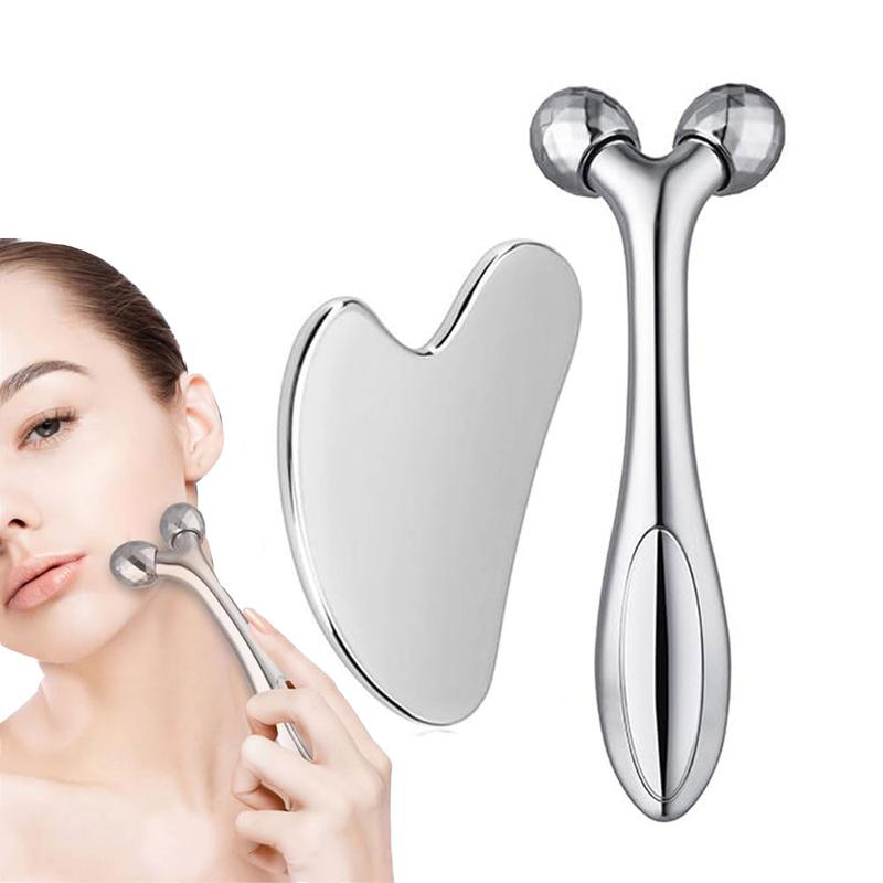 Facial Massage Tool Set, Stainless Steel Scraping Plate & 3D Roller ...
