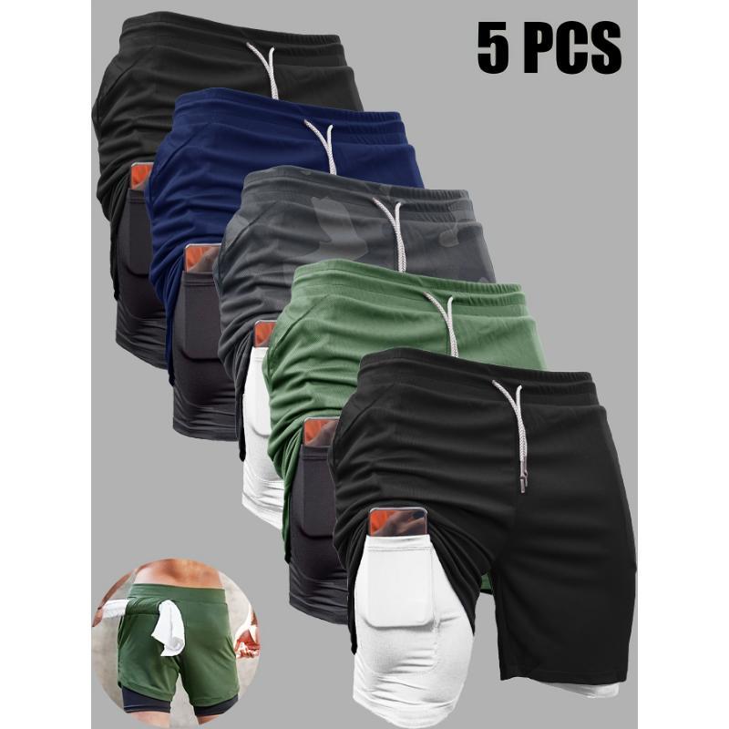 5pcs Men's 2-in-1 Double Layer Shorts With Inner Pocket, High Stretch ...