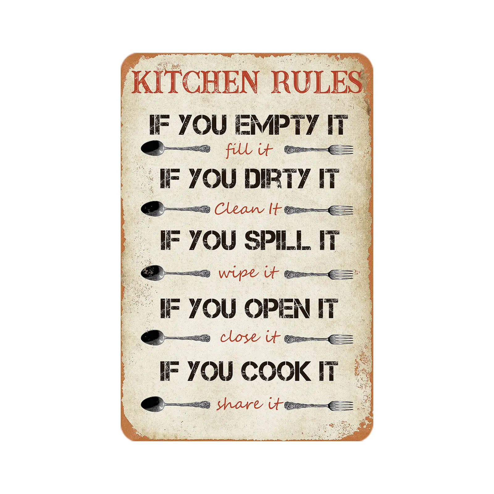 WSTKJW Kitchen Rules Tin Signs Unique Metal Wall Plaque Decor Vintage ...