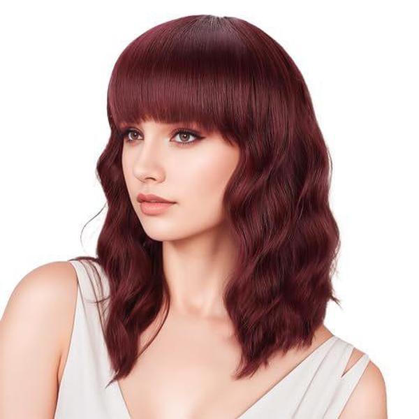Short Red Wavy Wig with Bangs Burgundy Curly Wavy Synthetic Wigs for ...
