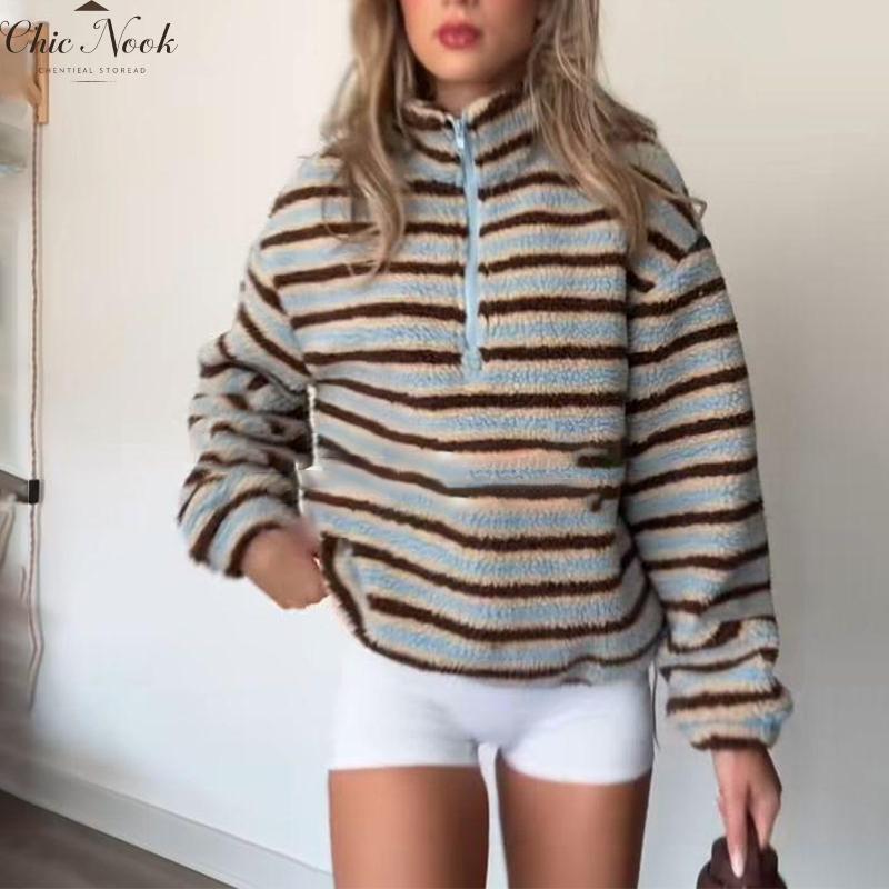 Women's Y2K Zip Striped Sherpa Jacket Long Sleeve Fleece Pullover Jacket Tops For Autumn ...