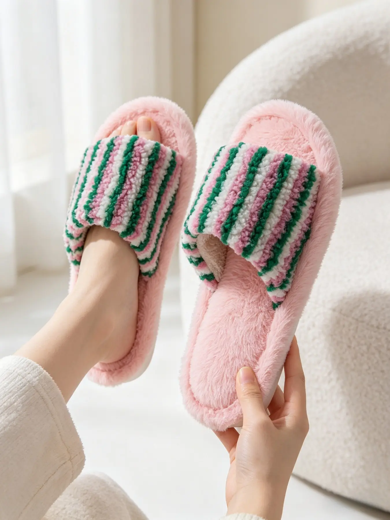 2026 New Soft Plush Striped Home Slippers, Non-Slip Comfortable Indoor ...