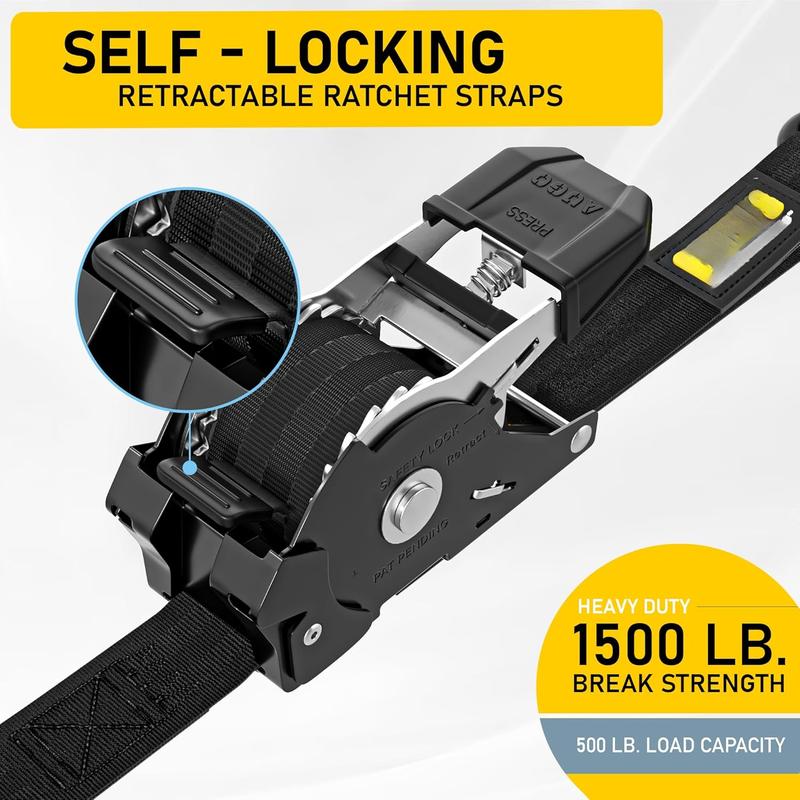 Self-Locking Retractable Ratchet Straps | 4 Heavy Duty Self-Tensioning ...