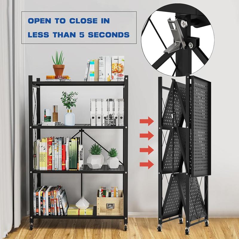 4-Tier Foldable Storage Shelf with Wheels Metal Rack Collapsible ...