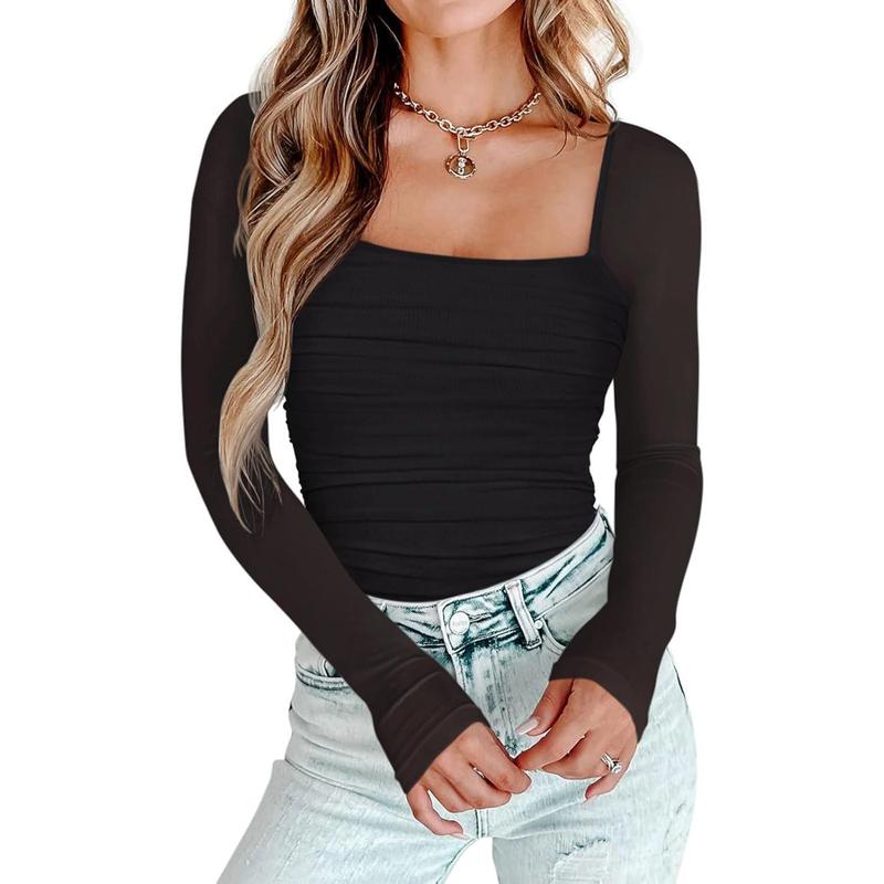 Womens Square Neck Mesh Long Sleeve Bodysuit Shapewear Corset Tops ...