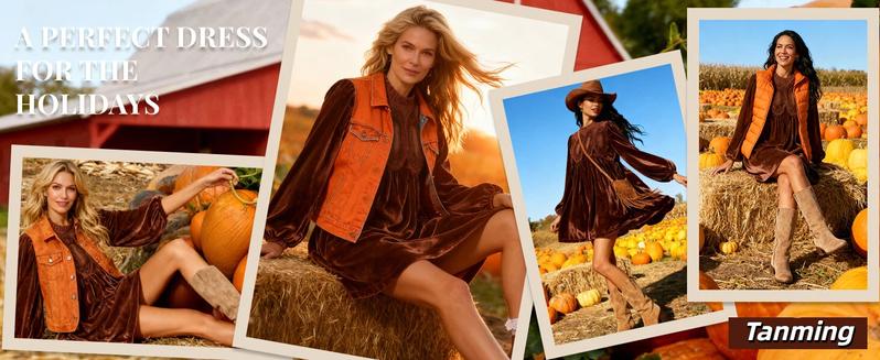 Tanming Women's A-Line Velvet Lace Swing Babydoll Dress with Scallop ...