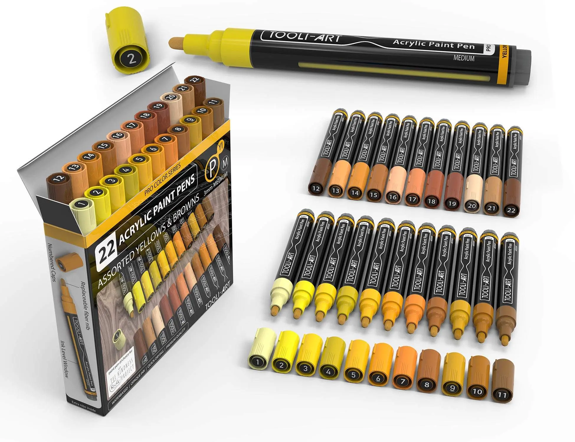 22 Acrylic Paint Pens (YELLOWS & BROWNS) Pro Color Series Set (3mm ...