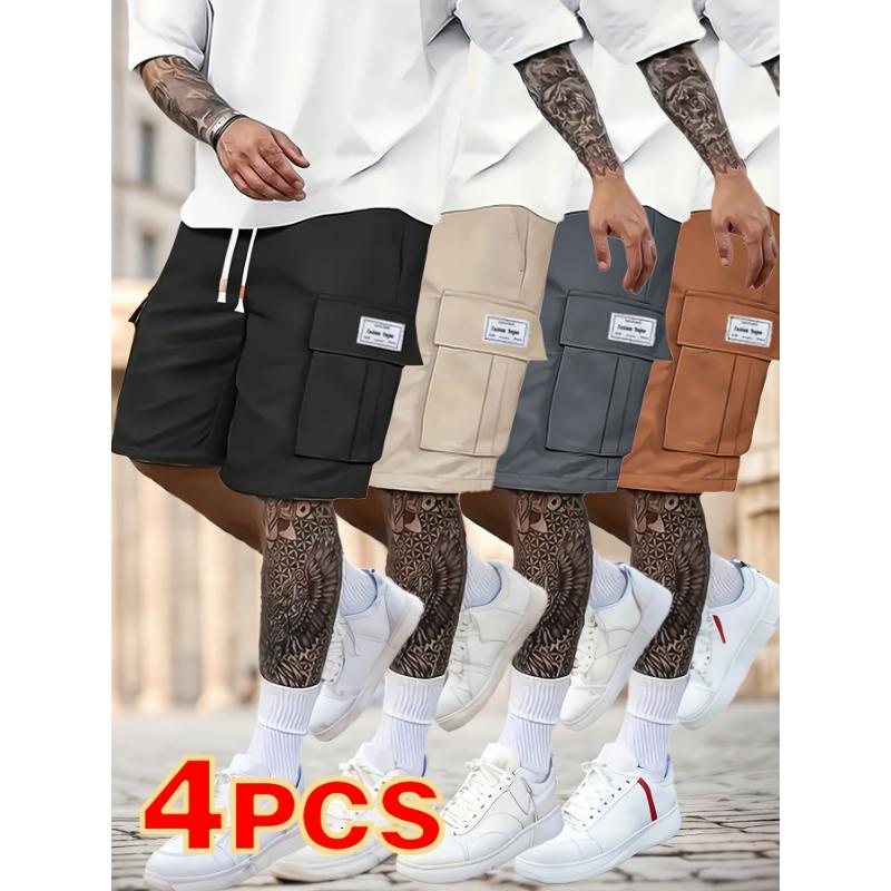 4pcs Men's Casual Cargo Shorts - Loose Fit, Drawstring Waist, Multi-Pocket Design, Polyester ...