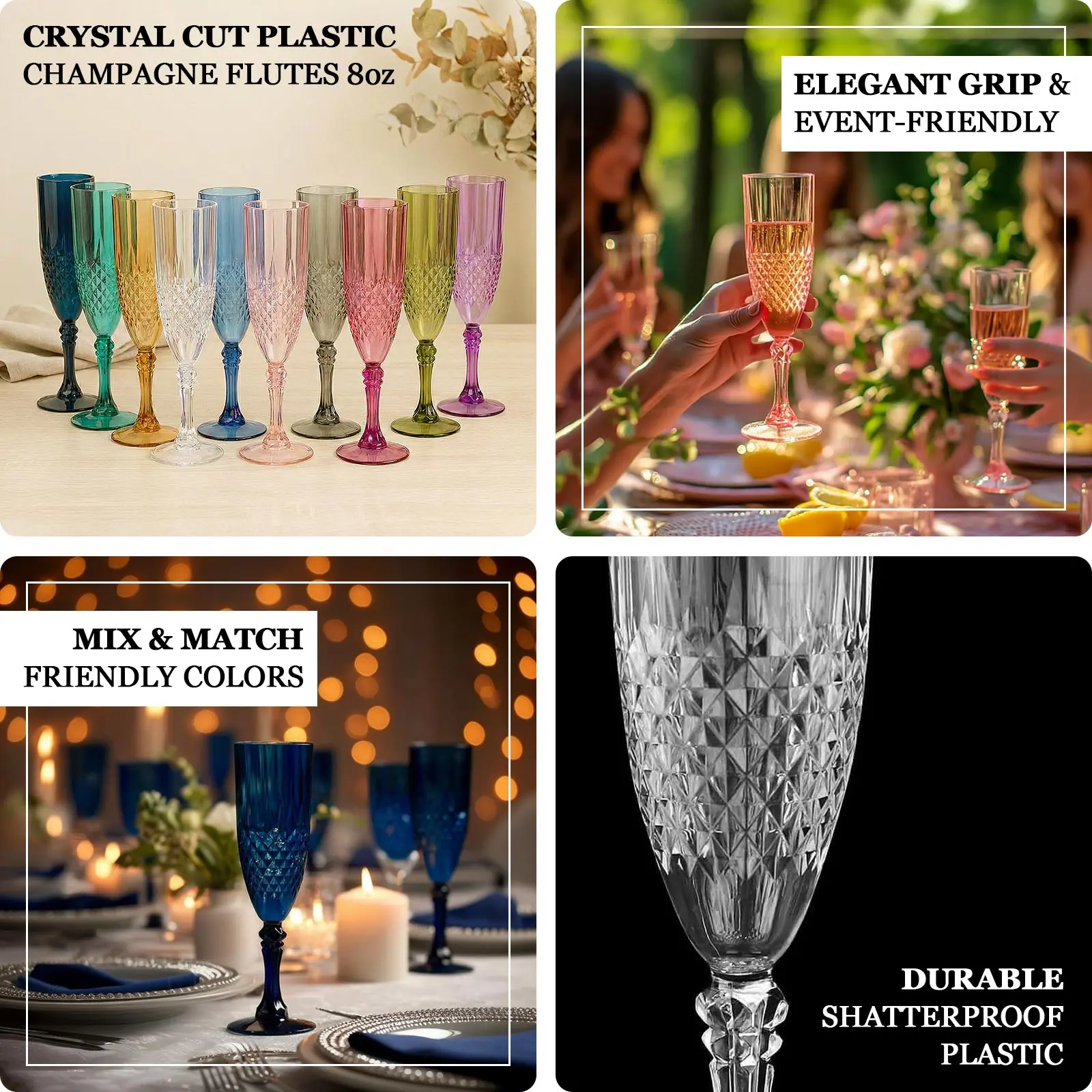 6-Pack Transparent Plastic Champagne Glasses 8oz, Crystal Cut Style ...