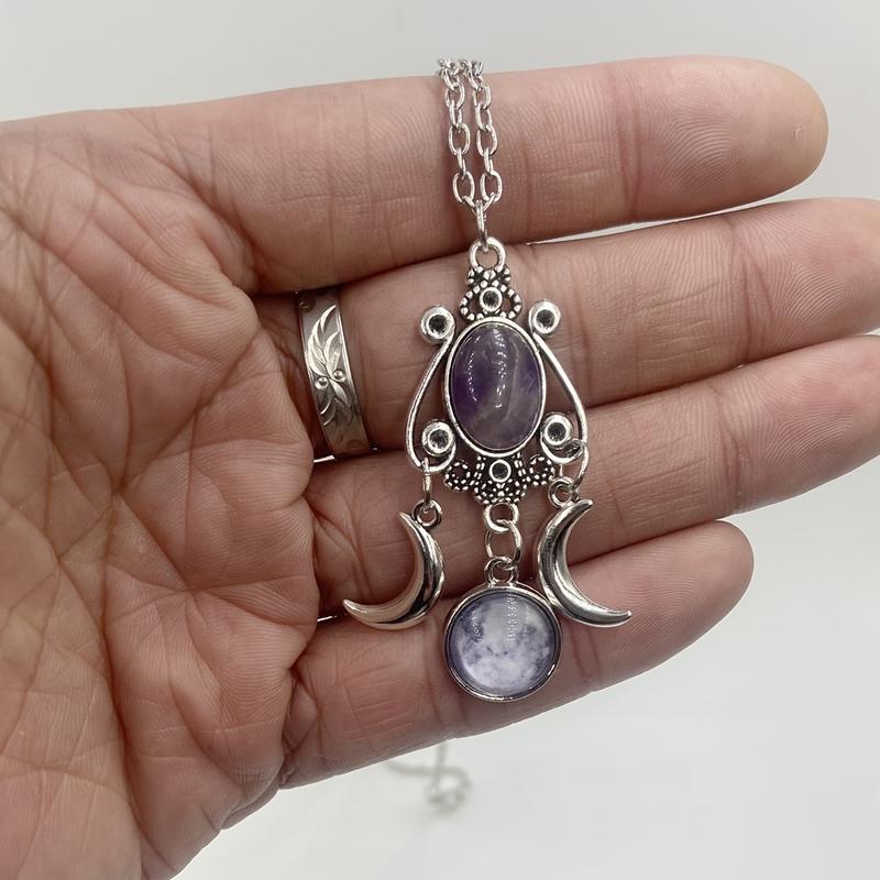Triple Moon Goddess Amethyst Pendant Necklace - Unique Bohemian Ladies ...
