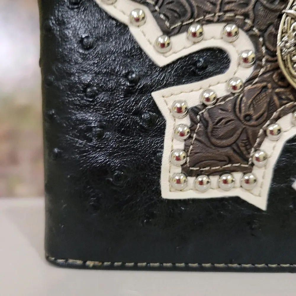 Longhorn horseshoe Western wallet Ostrich pattern short bi-fold faux ...