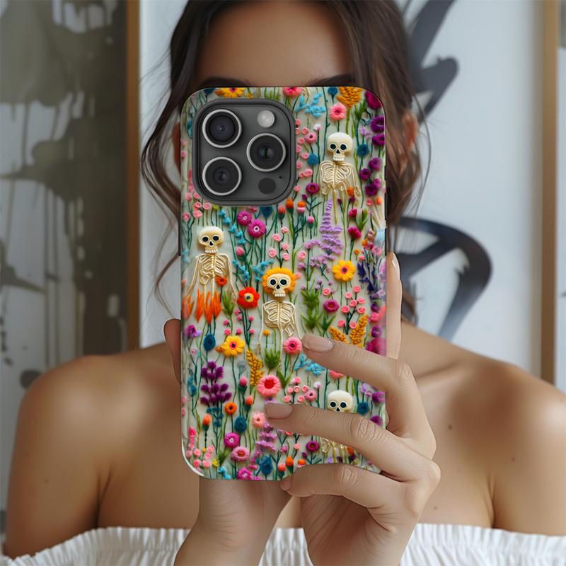 Ghost Skull Bloom Phone Case, Embroidery Look Floral Charm 2 in 1 Phone ...