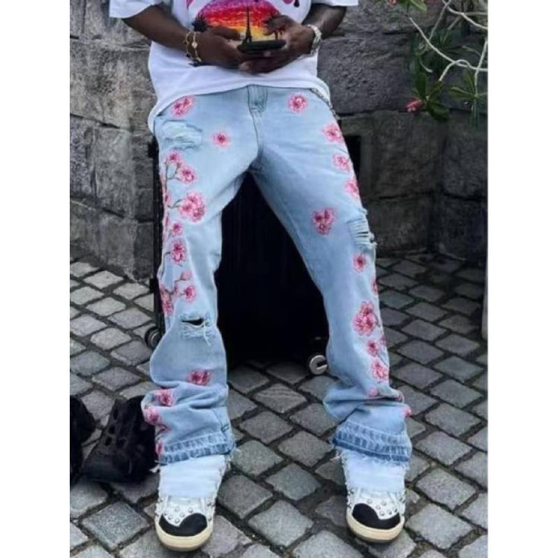 Trendy High Street Washed Denim Straight Pants with Cherry Blossom ...