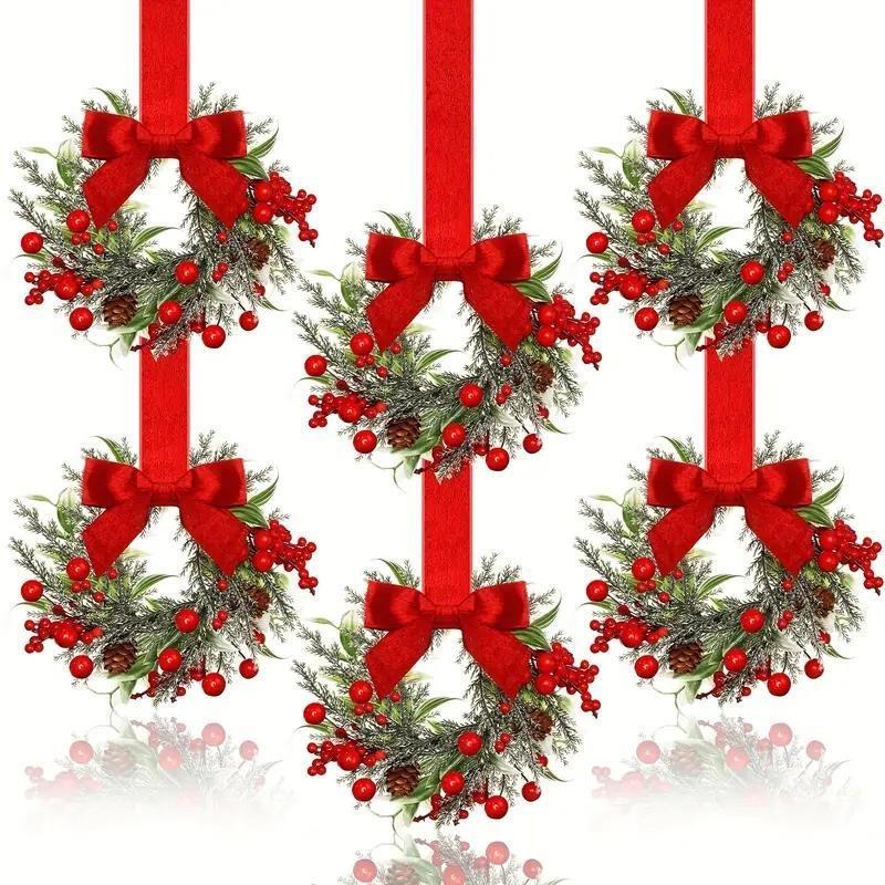 6-Pack Christmas Mini Window Wreaths with Ribbon Bows & Red Berries ...