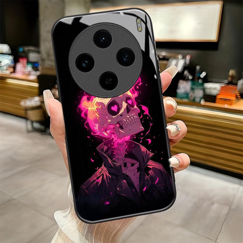Flaming Skull Heart pattern Black Frame Glass Phone Case suitable for ...