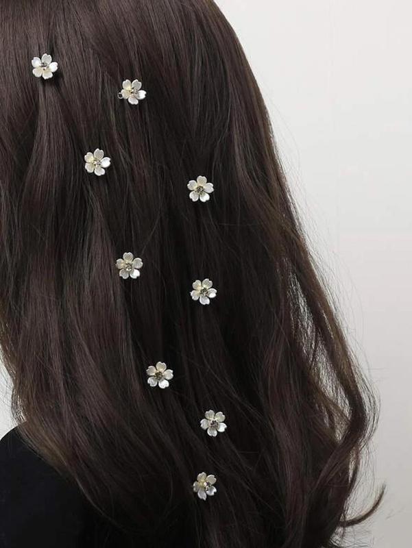 10pcs Rhinestone Flower Decor Metal Hair Clip, Cute Mini Floral Design ...