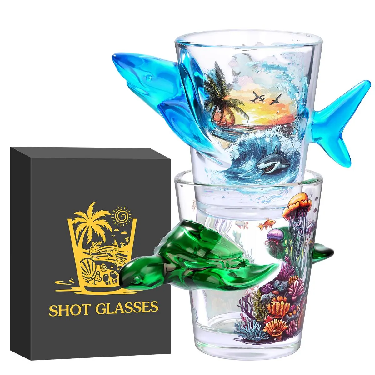 Turtle and Shark Glass Cups Set, Unique Ocean Series 50ML Glasses 2 ...