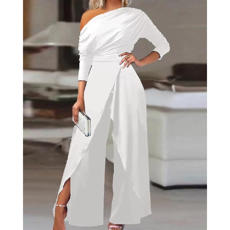 Plain Ruched Wrap Split Hem Jumpsuit for Women, Elegant Wide Leg ...