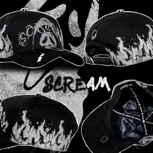 Black Cap with 'D' Logo & Distressed White Embroidery: Polka Dot ...