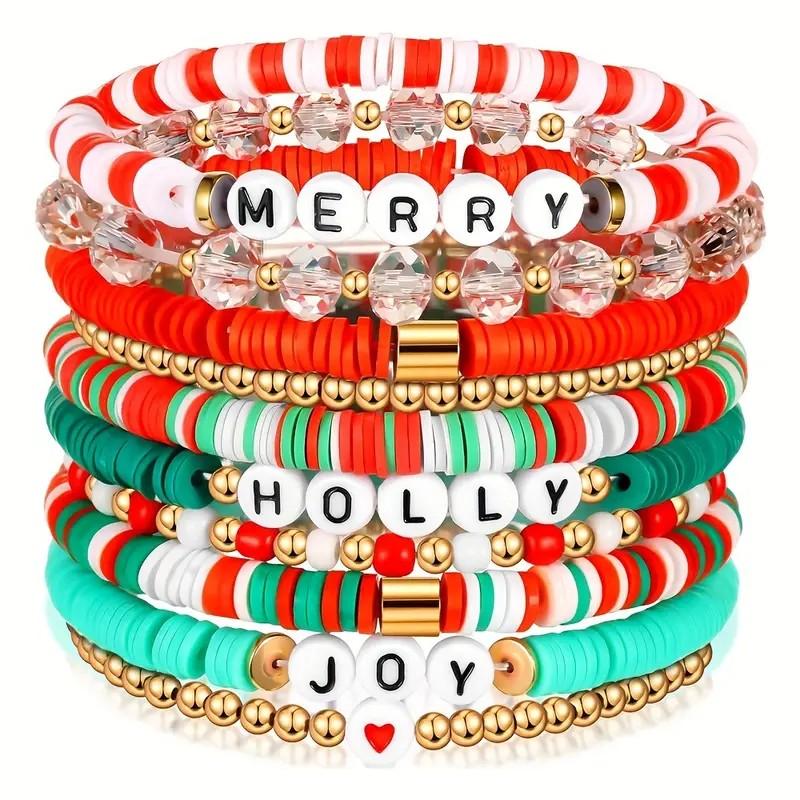 MANY [Christmas Holiday Bracelet Set] 10-Pack Festive Polymer Clay ...