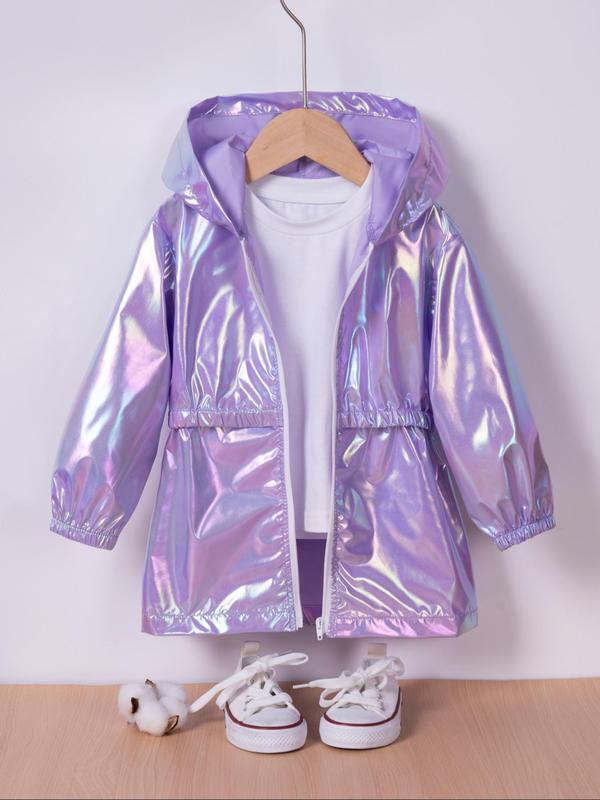 Girl's Reflective Zip Up Hooded Jacket & White Tee, Casual Fashion Long ...