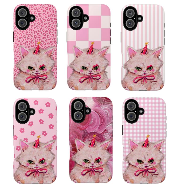 Cute Pink Cat Phone Case, Aesthetic Party Cat Phone Cover, Kawaii Pink ...