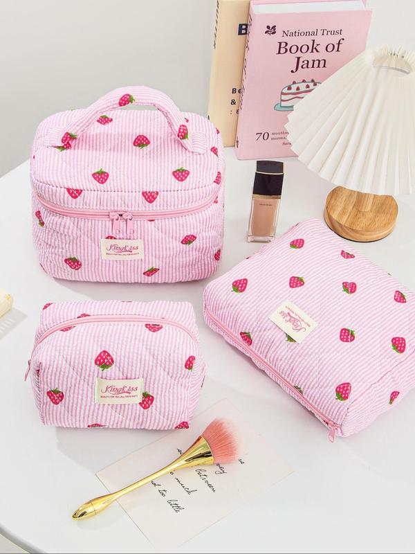 Strawberry Pattern Makeup Bag Set, Makeup Brush Storage Bag & Cosmetic ...